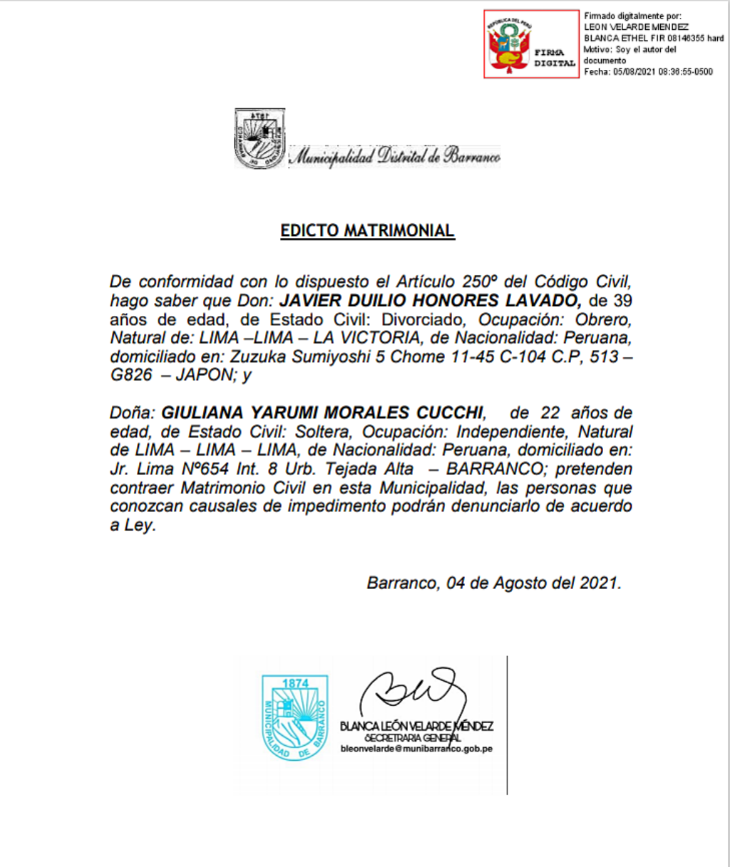 AVISO: Edicto matrimonial de Javier Honores Lavado - Giuliana Morales ...